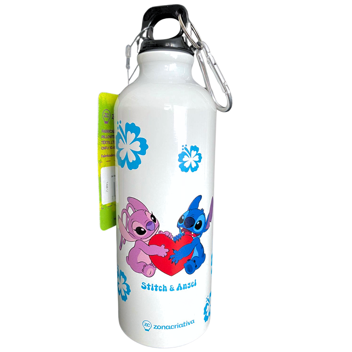 Garrafa de Alumínio Stitch e Angel 500ml – Com Mosquetão Estampa Licen